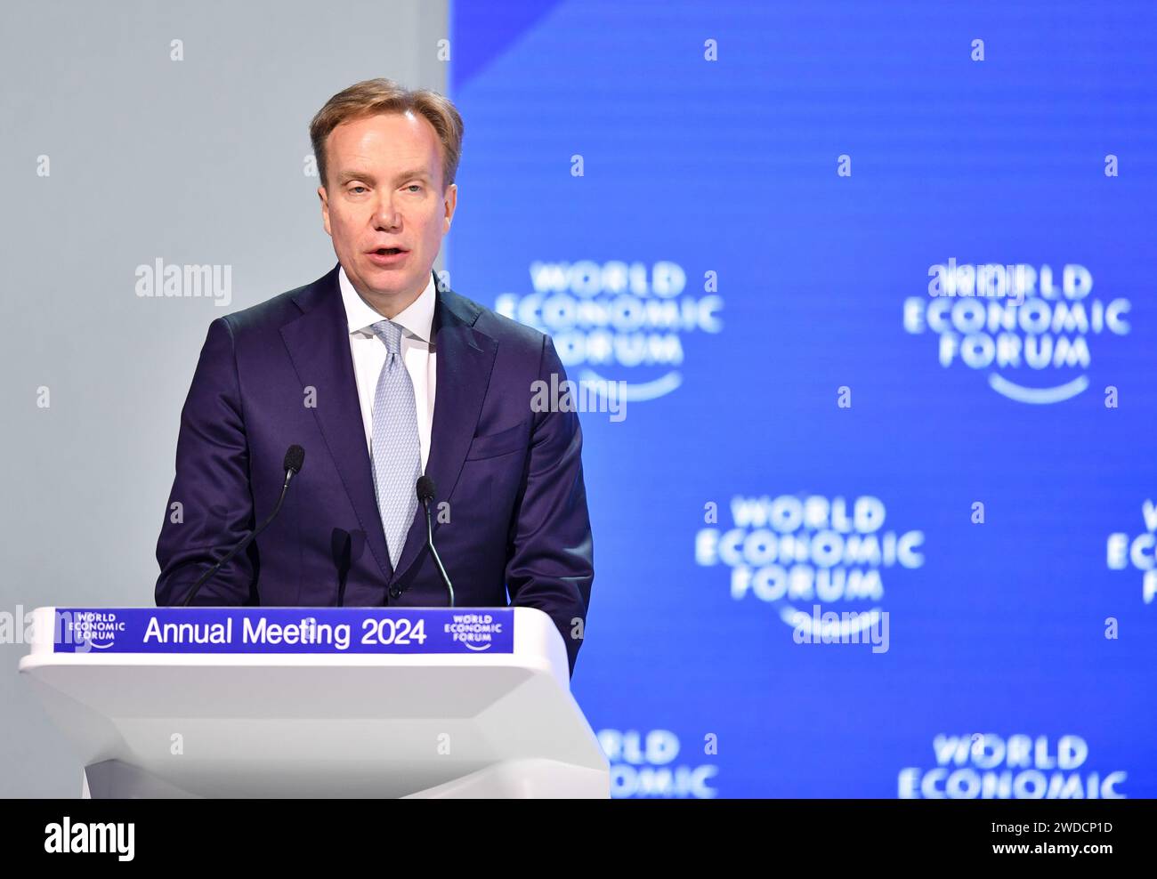 Davos, Switzerland. 19th Jan, 2024. WEF President Borge Brende delivers ...