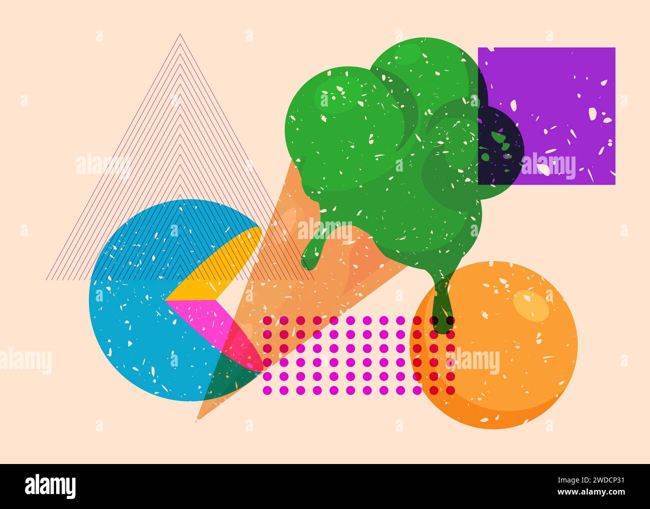Risograph Ice Cream with geometric shapes. Objects in trendy riso graph print texture style ...