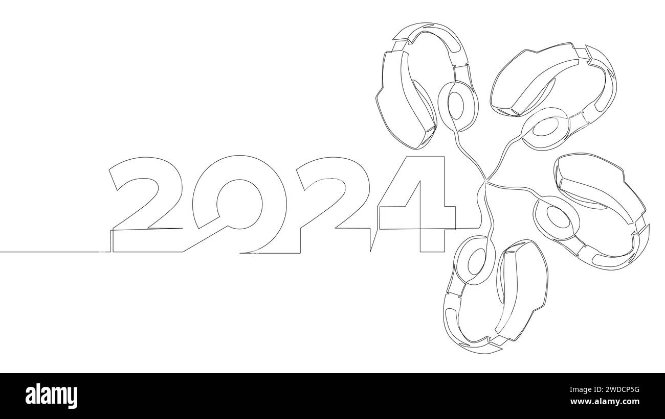 One continuous line of Headset and number 2024. Thin Line Illustration ...