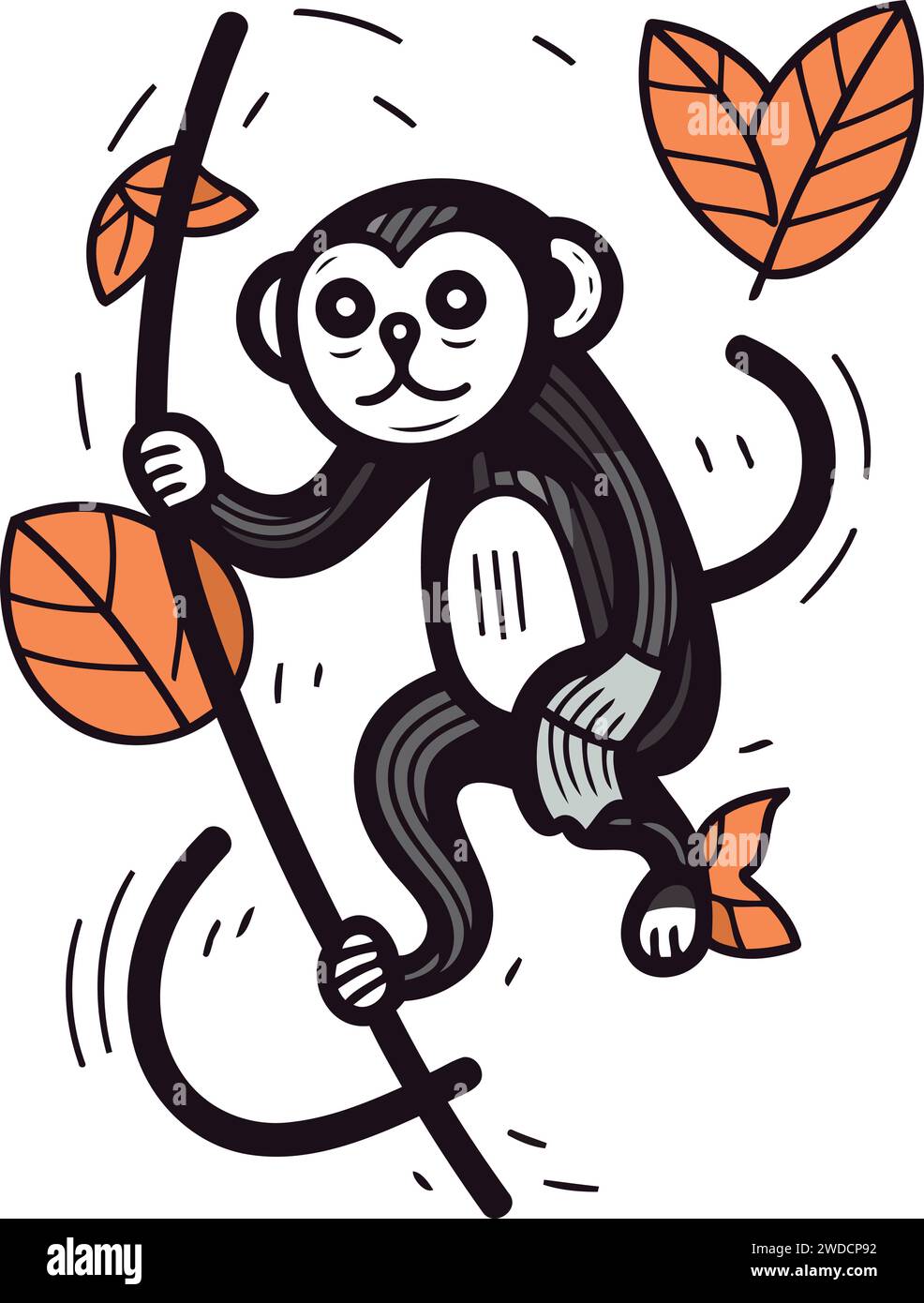 Cute monkey climbing on a branch with leaves. Vector illustration Stock ...