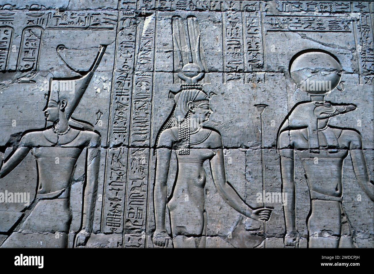 Relief of Sobek, depicted with a head of a crocodile, taken in 1990 ...