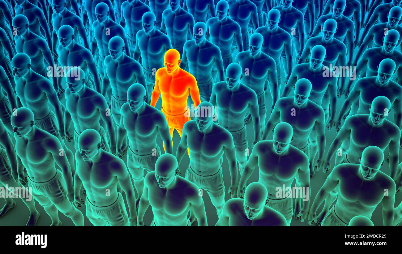 Clones of identical people with one person highlighted, illustration ...