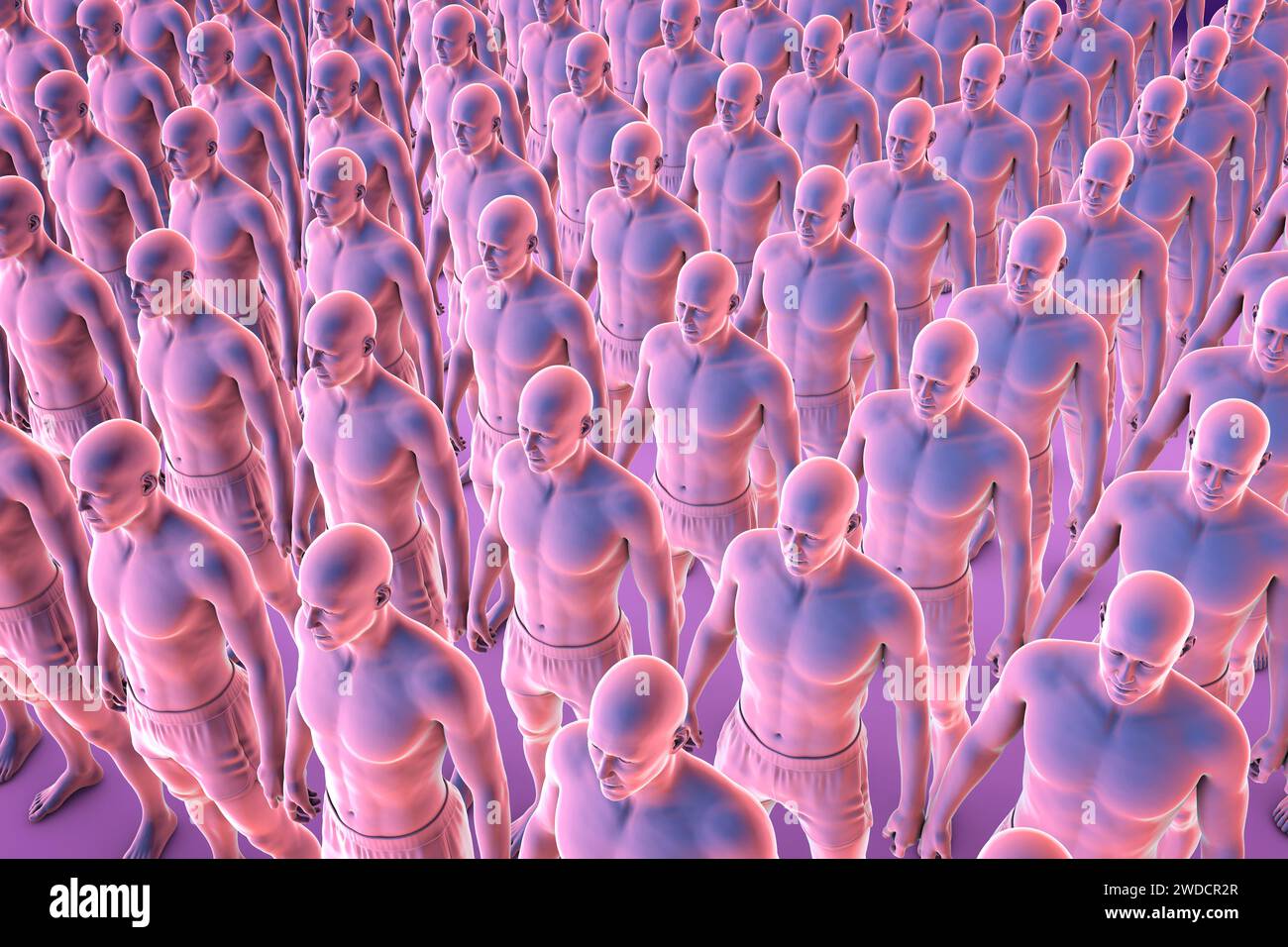 Illustration of clones of identical people, standing in an organised ...