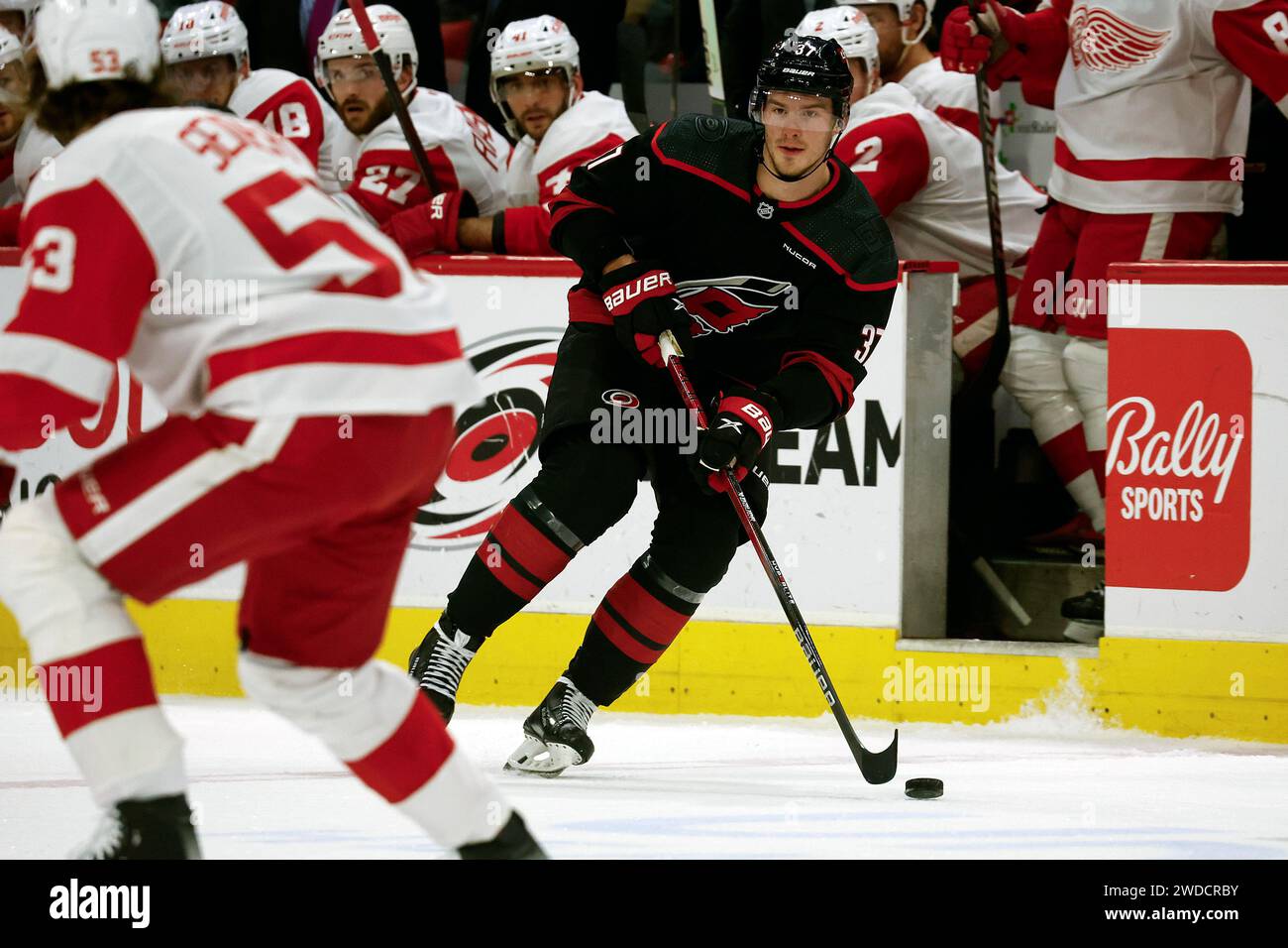 Carolina Hurricanes' Andrei Svechnikov (37) looks to pass the puck ...