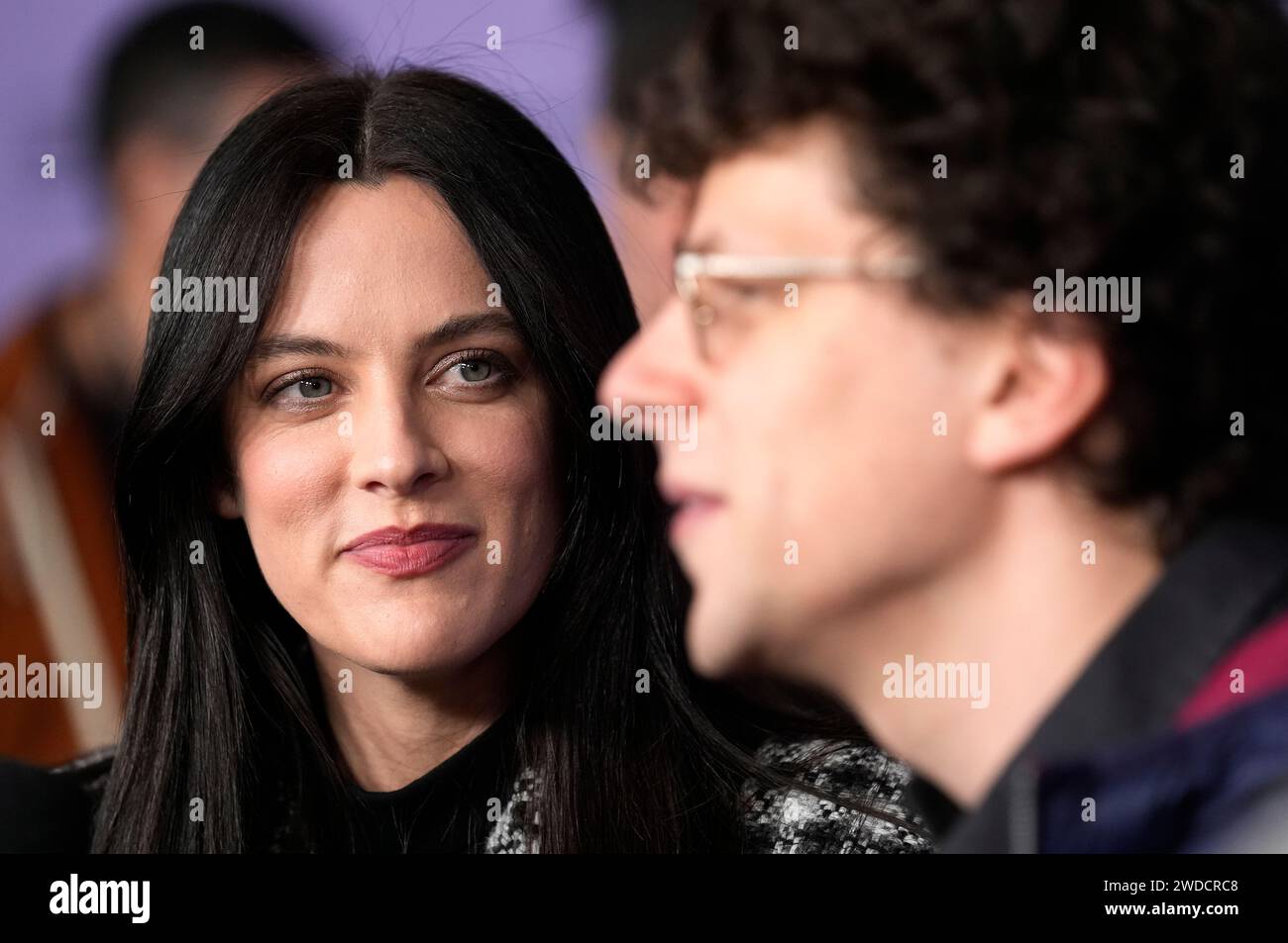 Riley Keough, left, and Jesse Eisenberg are interviewed together at the ...