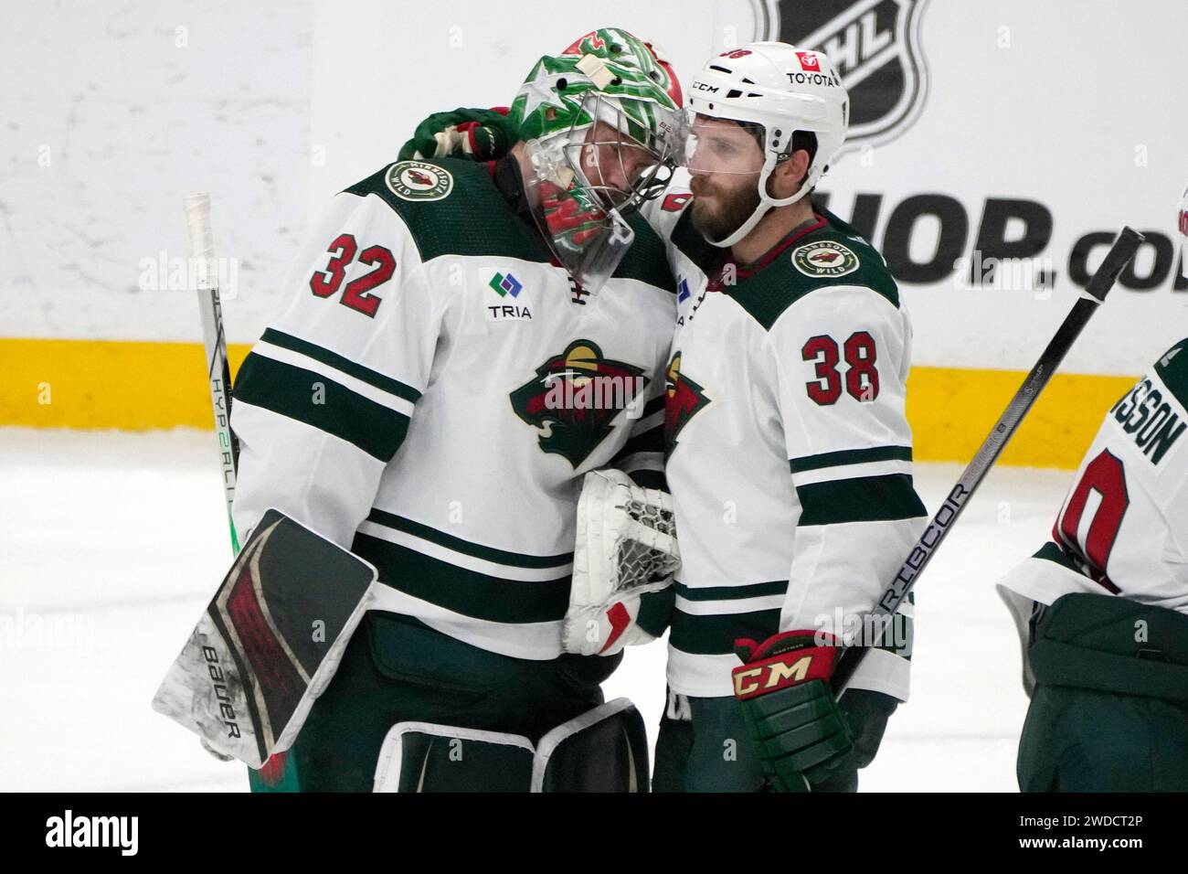 Minnesota Wild goaltender Filip Gustavsson (32) is congratulated by ...