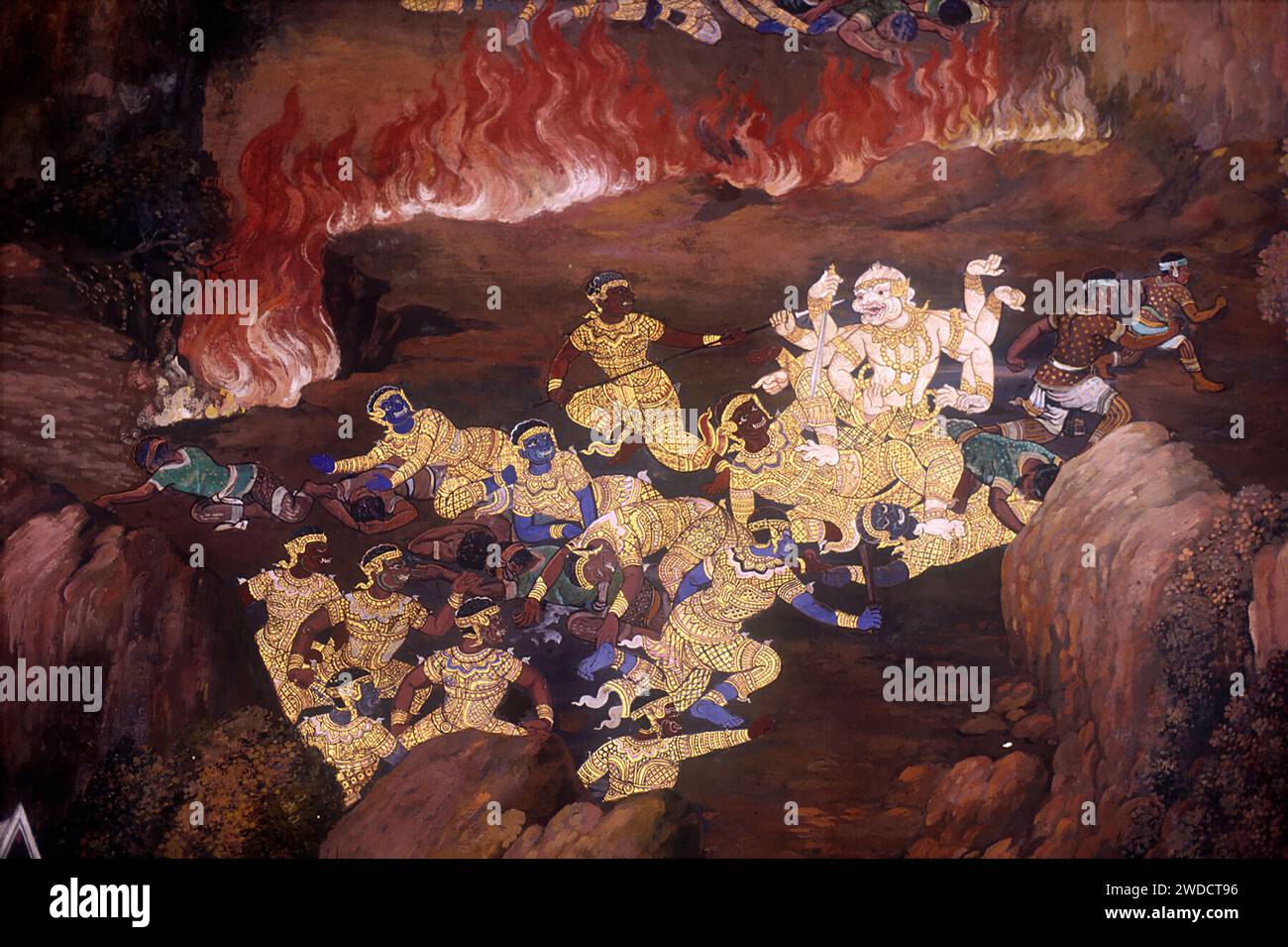 Mural of battle scenes from Ramakien epic, taken in 1998, Wat Phra Kaew ...