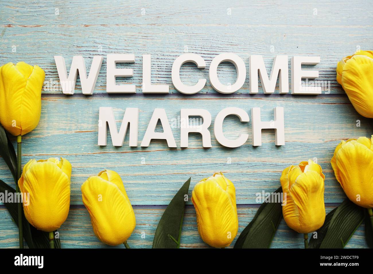 Welcome March alphabet letters with tulip flower on wooden background ...