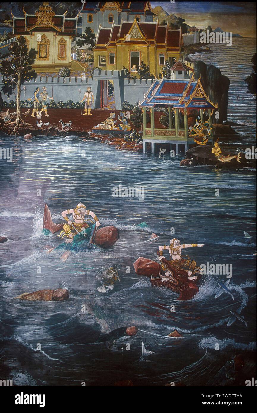 Mural of battle scenes from Ramakien epic, taken in 1998, Wat Phra Kaew ...