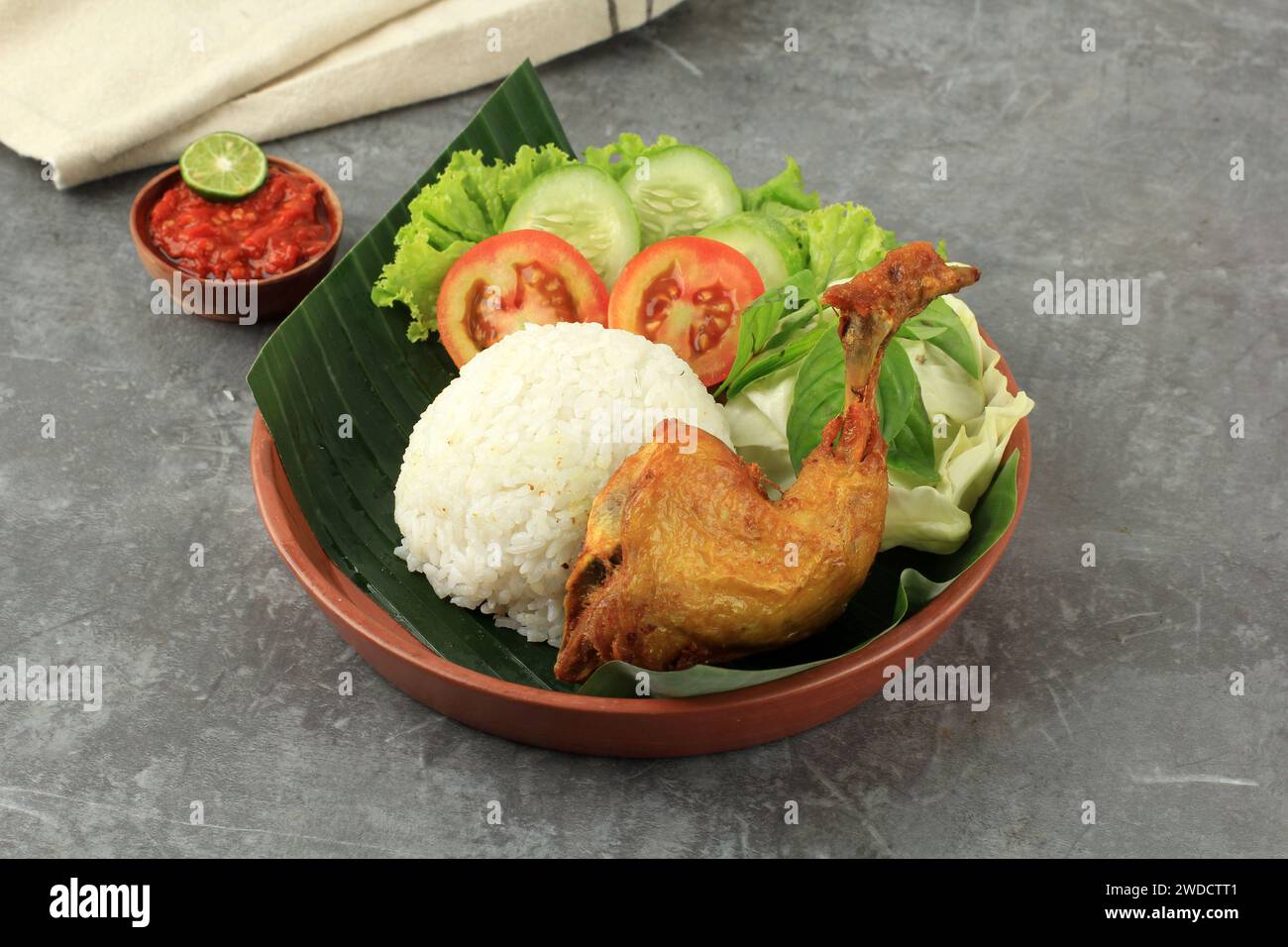 Ayam Goreng with Nasi and Sambal, Indonesian Style Fried Chicken Served with Steamed Rice and ...