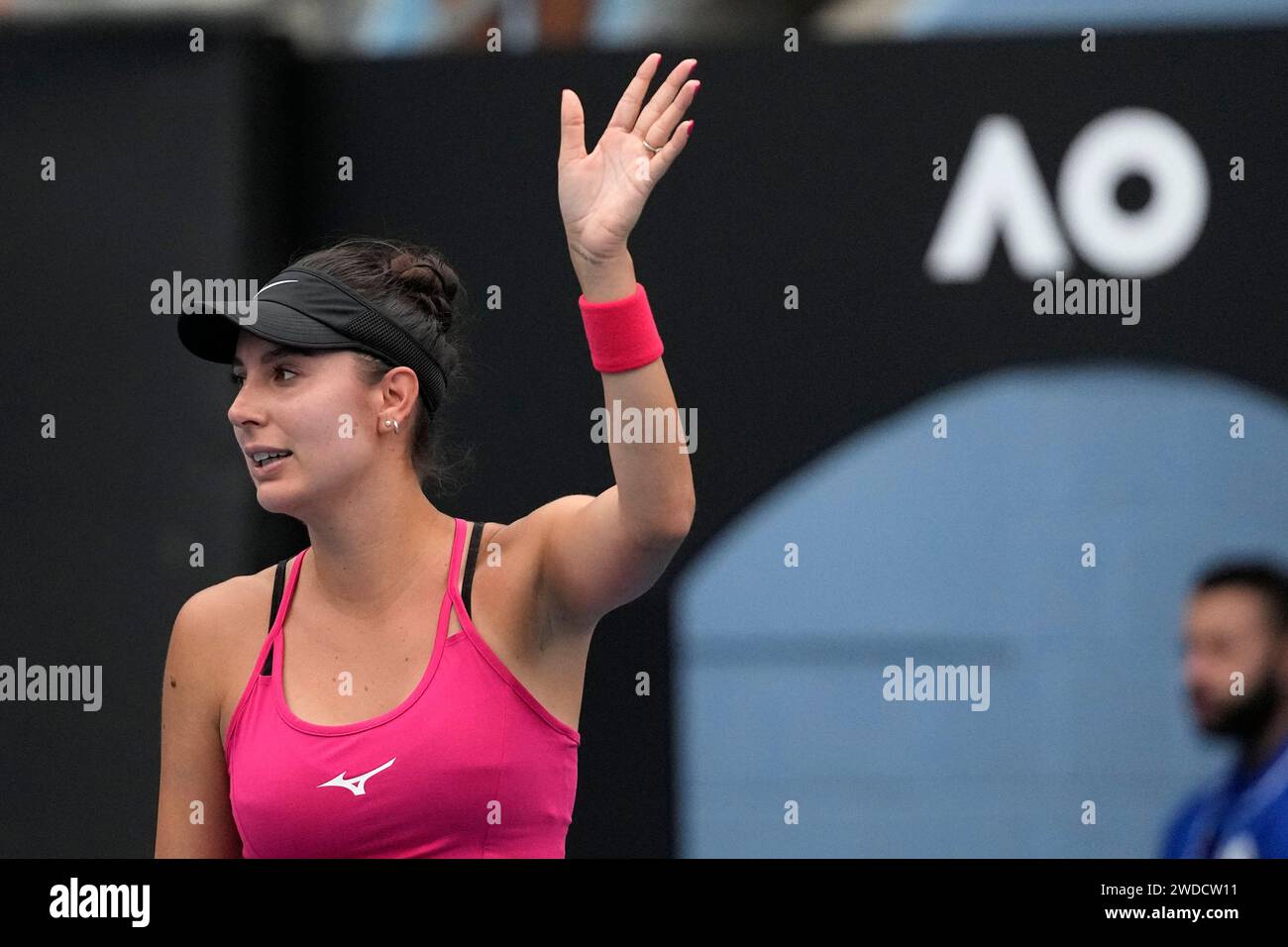 Oceane Dodin of France reacts after defeating compatriot Clara Burel in their third round match ...
