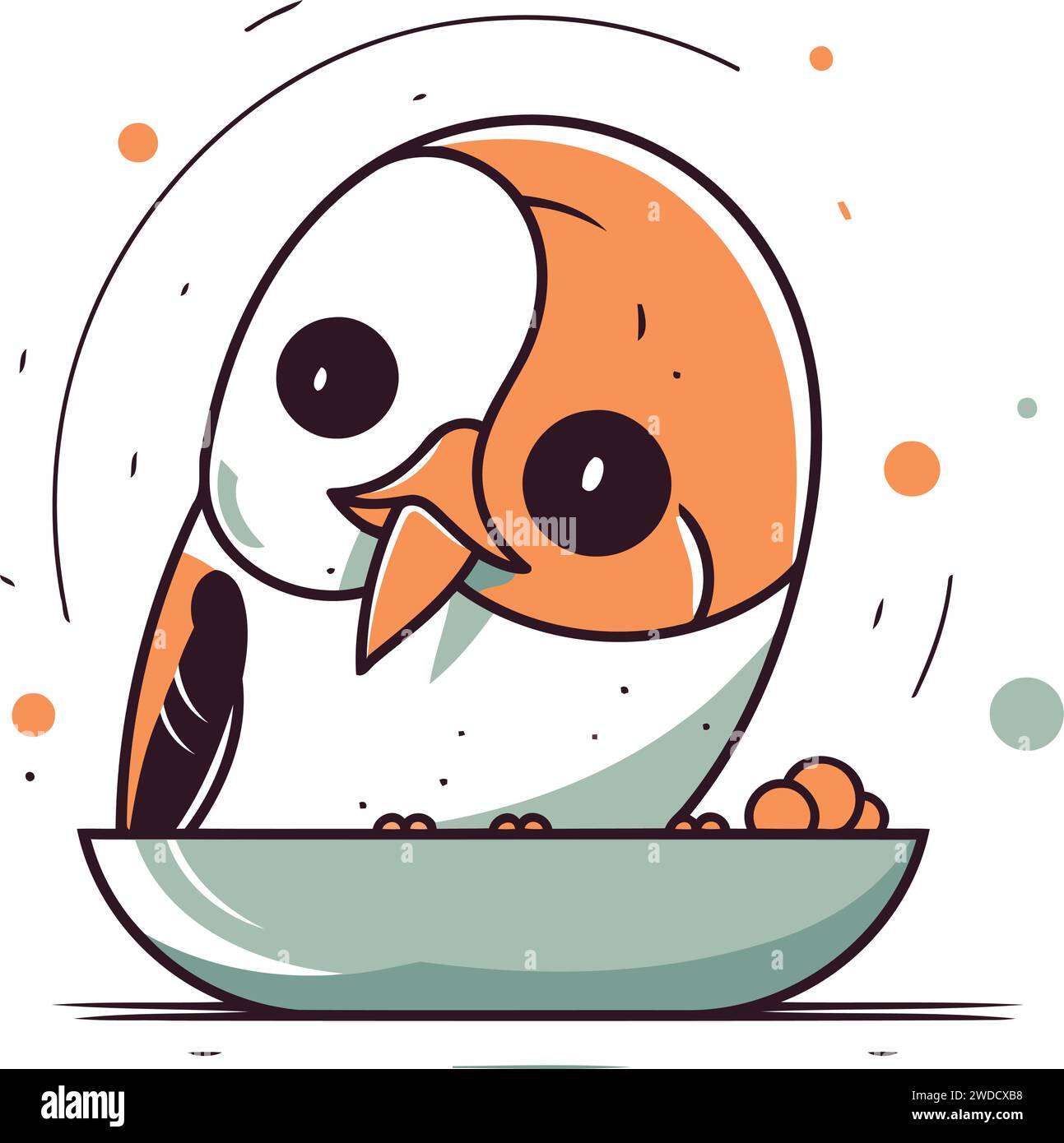 Cute cartoon bird eating from a bowl. Vector illustration in a flat ...
