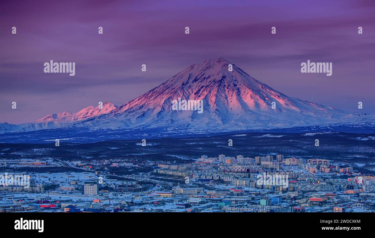 The Panoramic view of the city Petropavlovsk-Kamchatsky and volcanoes ...