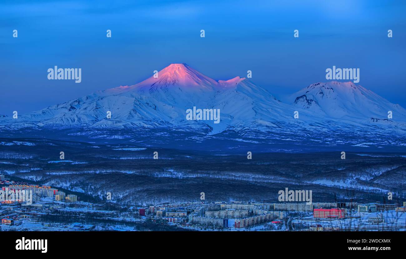 The Panoramic view of the city Petropavlovsk-Kamchatsky and volcanoes ...