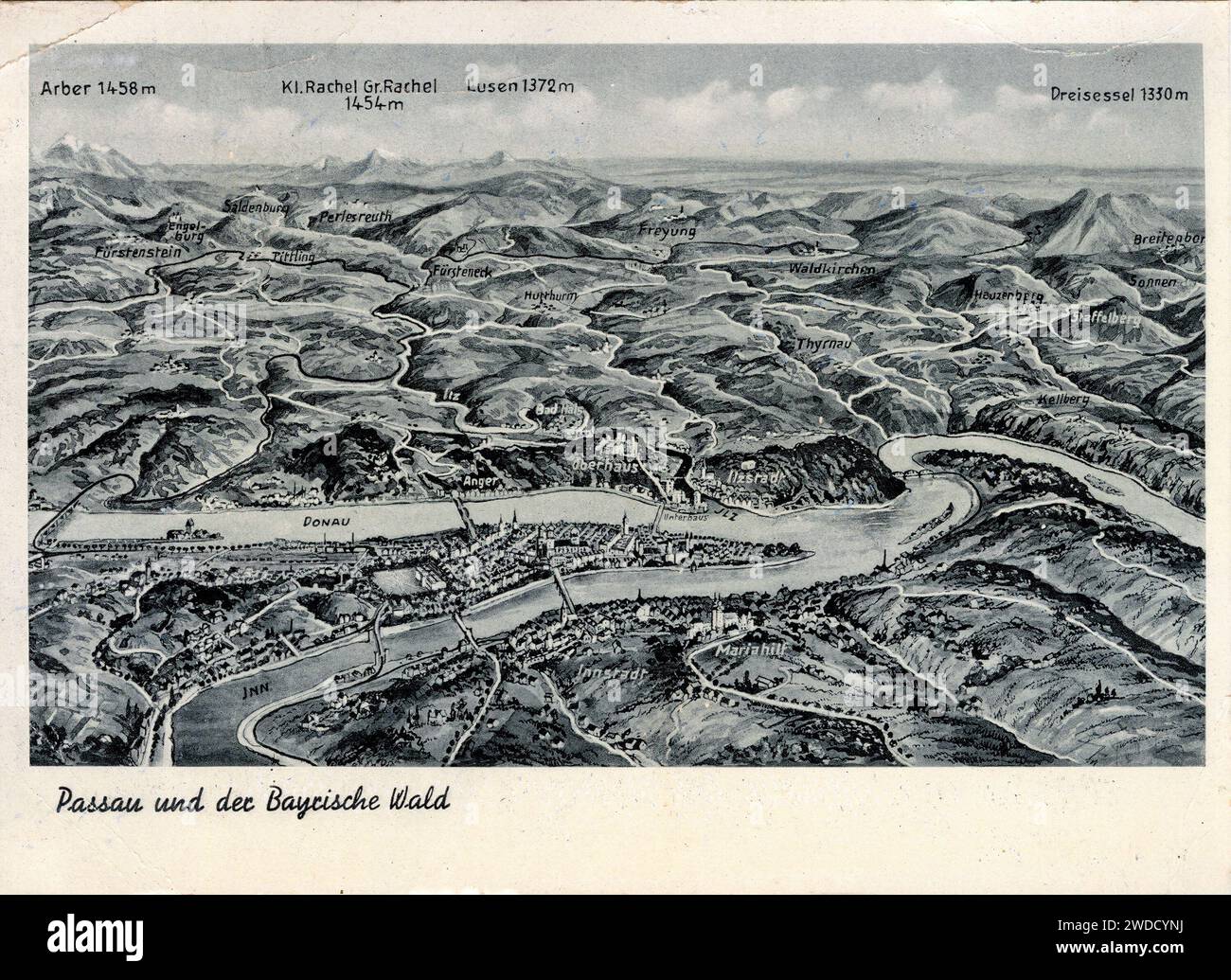 Postcard with topographical drawing of the countryside around Passau ...