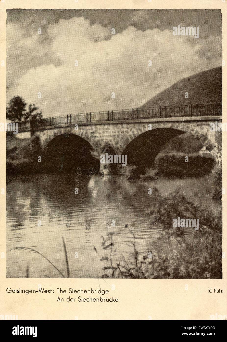 Black and white postcard view of the Siechenbrücke in Geislingen ...