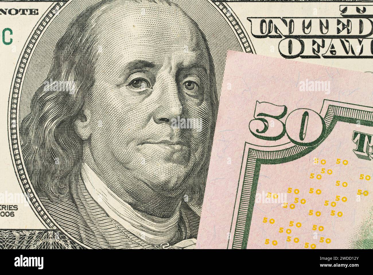 portrait of Benjamin Franklin on the one hundred dollar bill and the ...