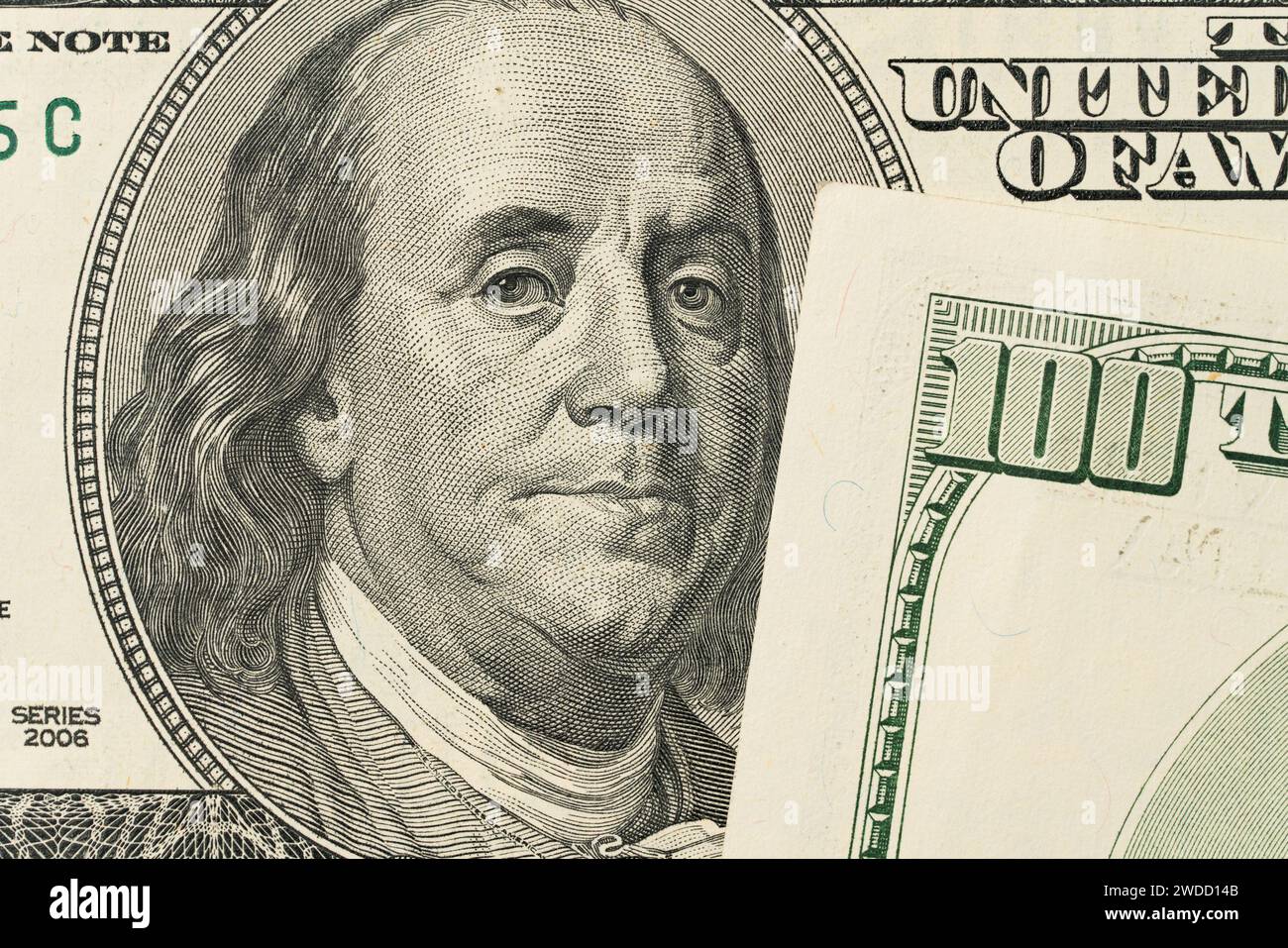 portrait of Benjamin Franklin on the one hundred dollar bill and corner ...