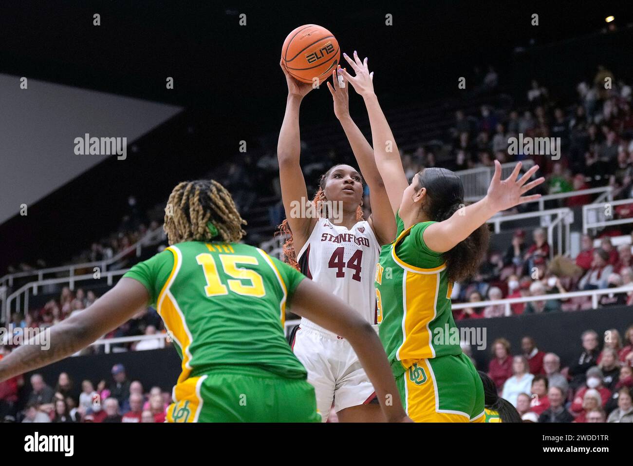 Stanford forward Kiki Iriafen (44) shoots over Oregon's Sarah Rambus ...