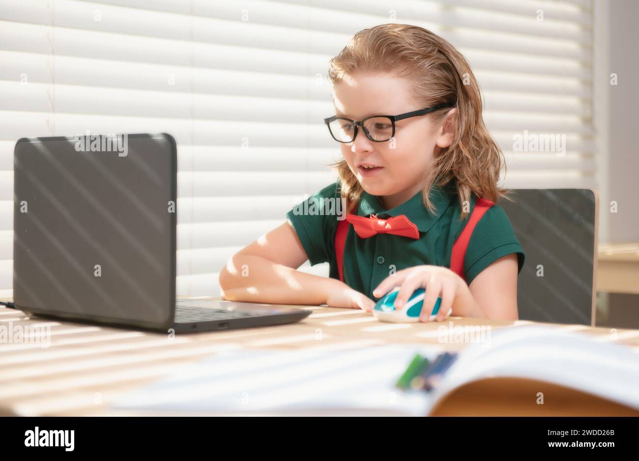 Smart school pupil kid virtual distance learning online, watching remote digital class lesson ...