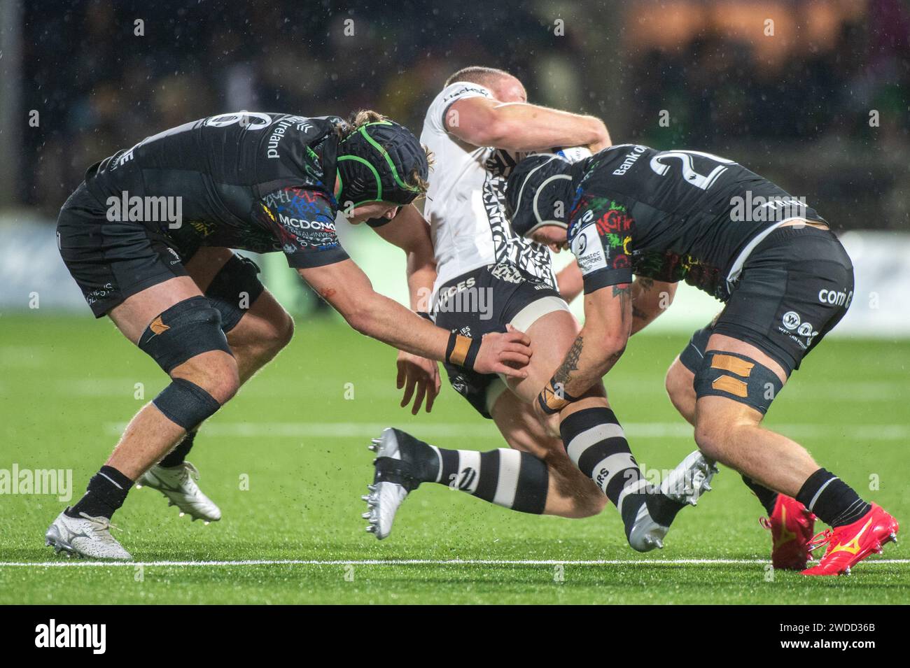 Galway, Ireland. 20th Jan, 2024. Max Lahiff of Bristol Bears tackled by ...