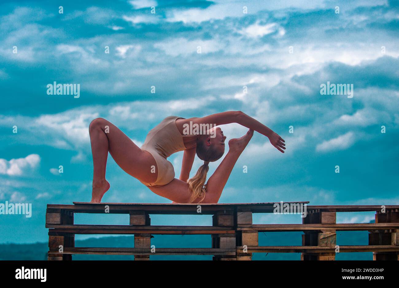 Flexible stretch fit woman body. Young girl doing stretching workout. Fitness model exercising ...