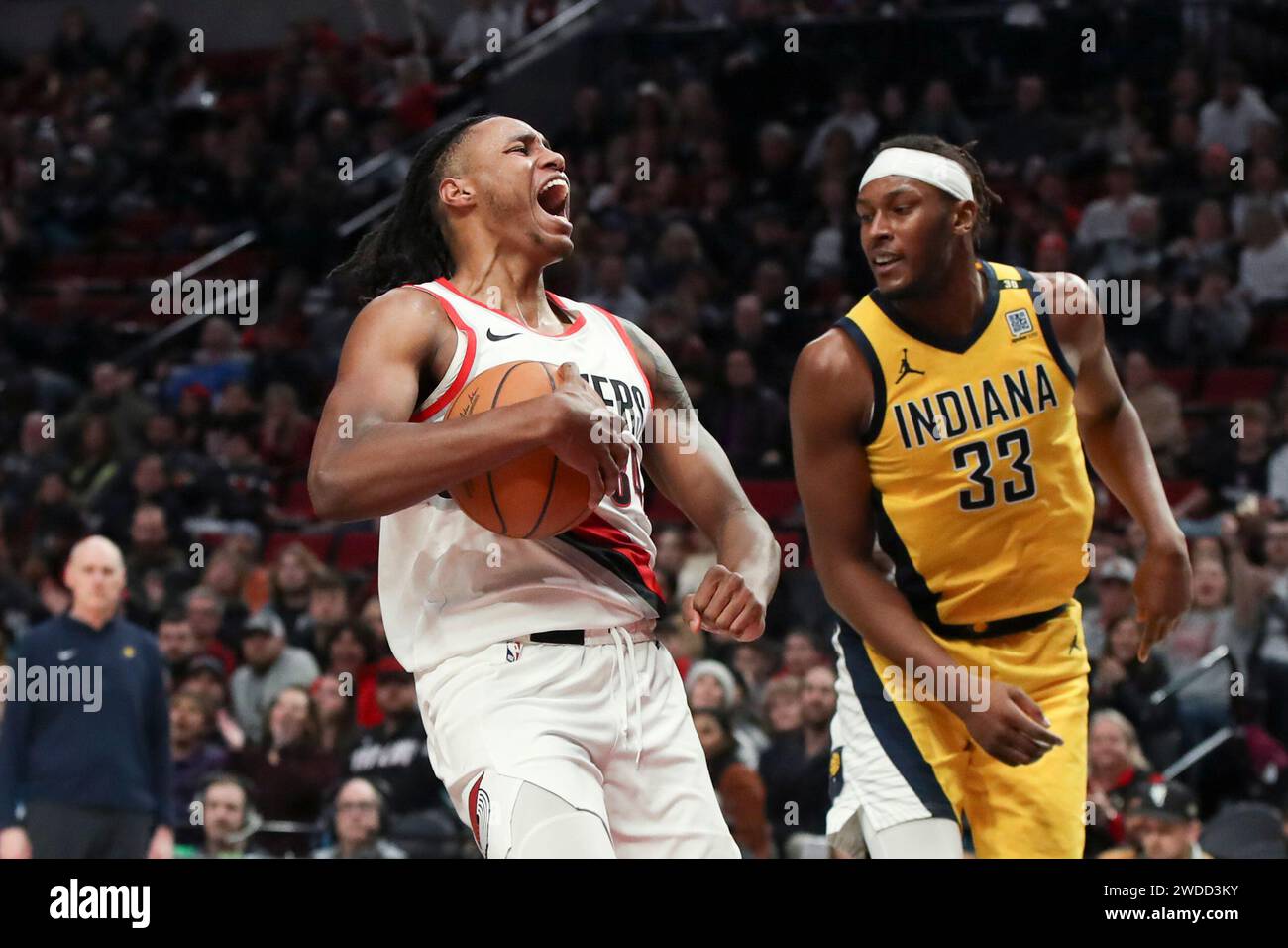 Portland Trail Blazers forward Jabari Walker (34) reacts after being ...
