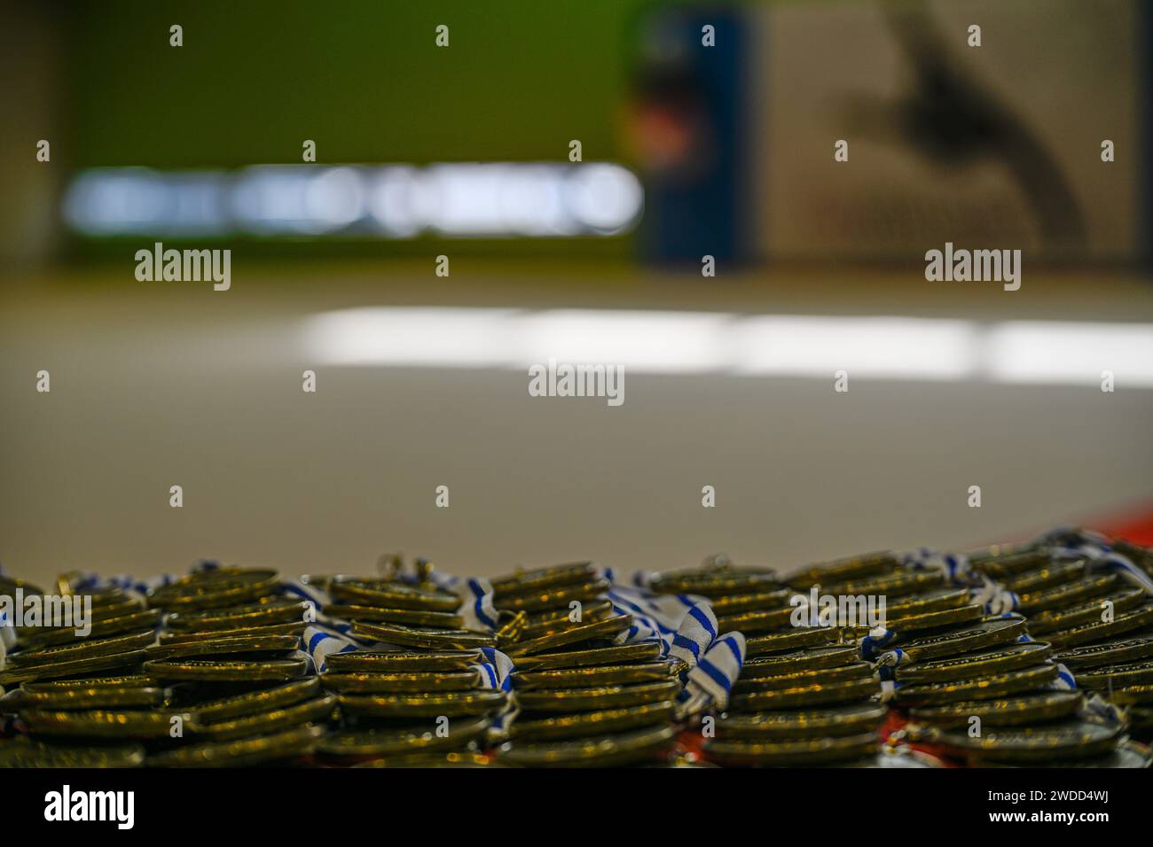 Isolated close up high resolution image of a lot of medals ready to be ...