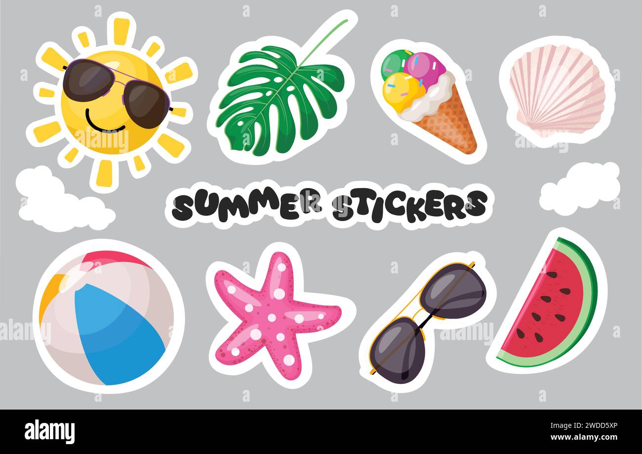 Summer stickers vector set design. Summer stickers text with sun ...