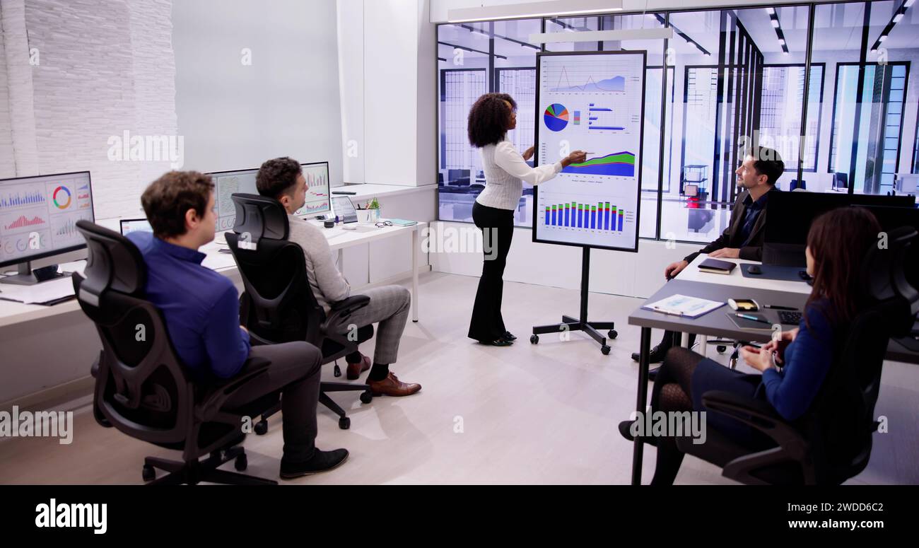 Diverse Team Meeting With TV Screen. Presenter With Dashboard Stock ...