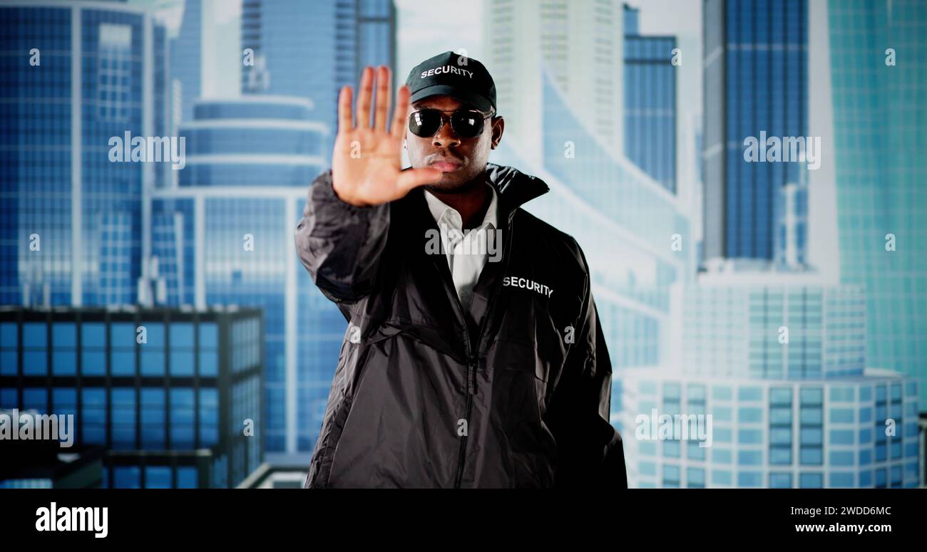 Security Guard In Uniform And Face Mask Making Stop Hand Gesture Stock ...