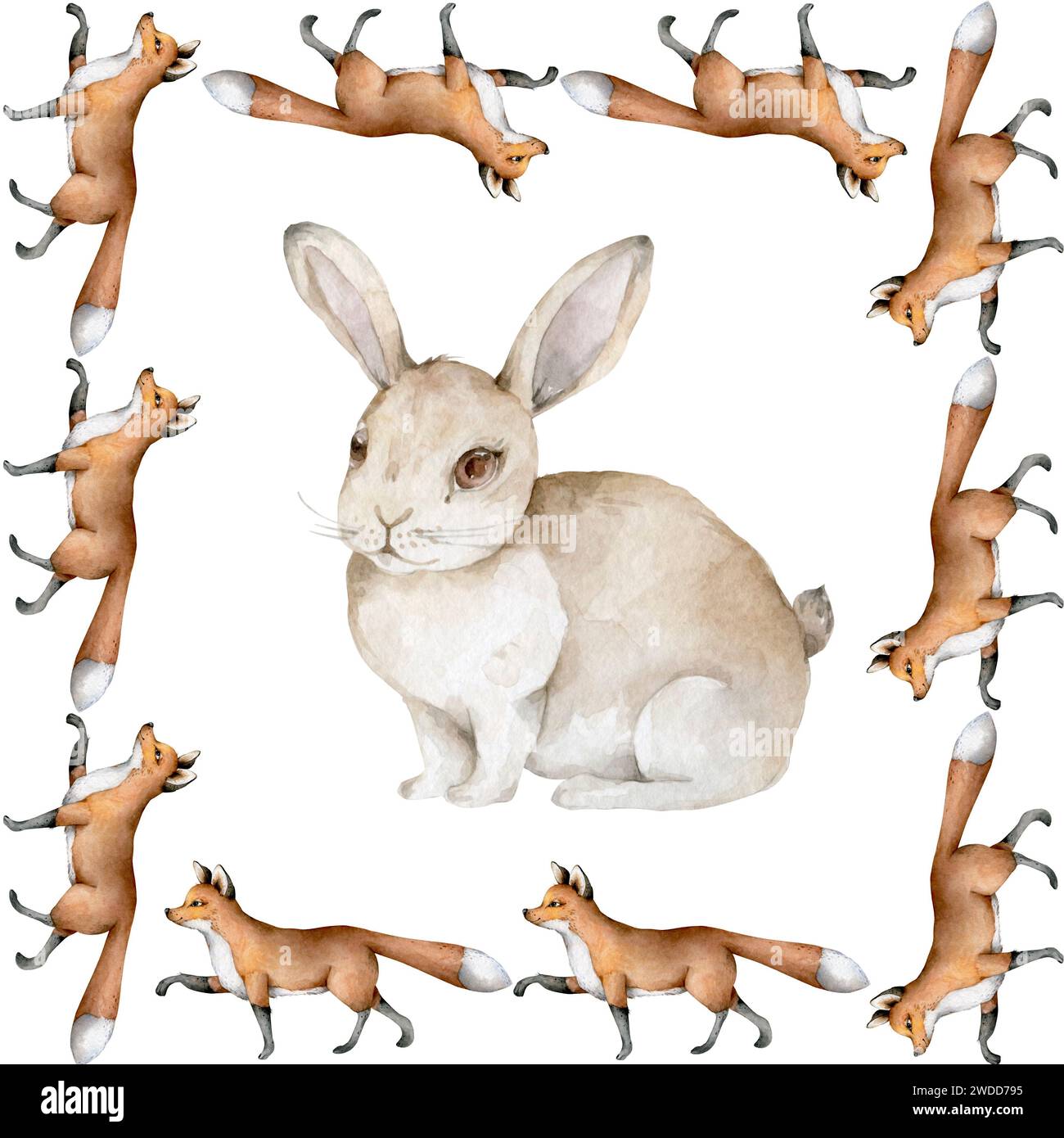 Fox with hare watercolor. Square pattern template wild animals Fox with ...