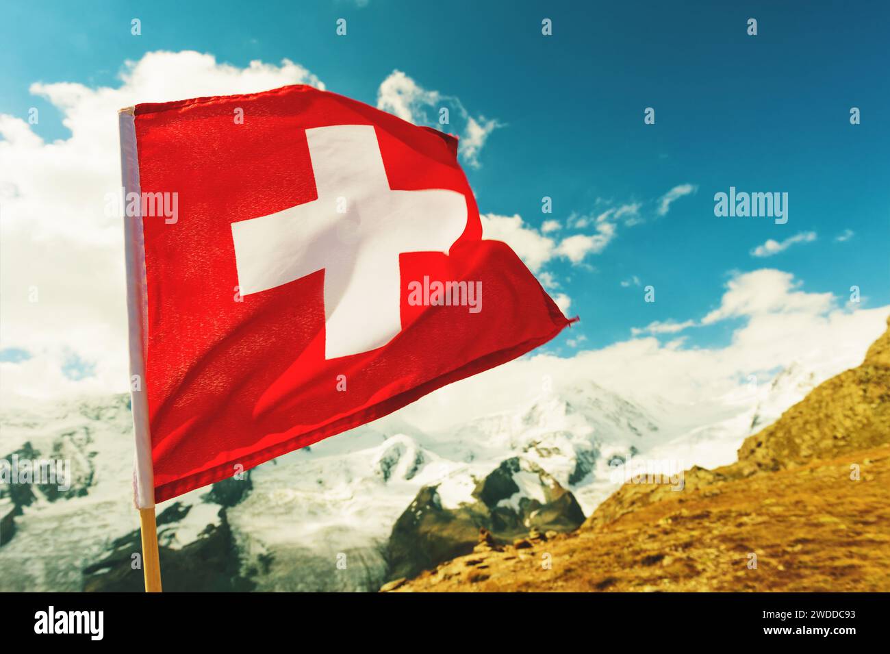 Close up image of swiss flag in beautiful mountains landscape Stock ...