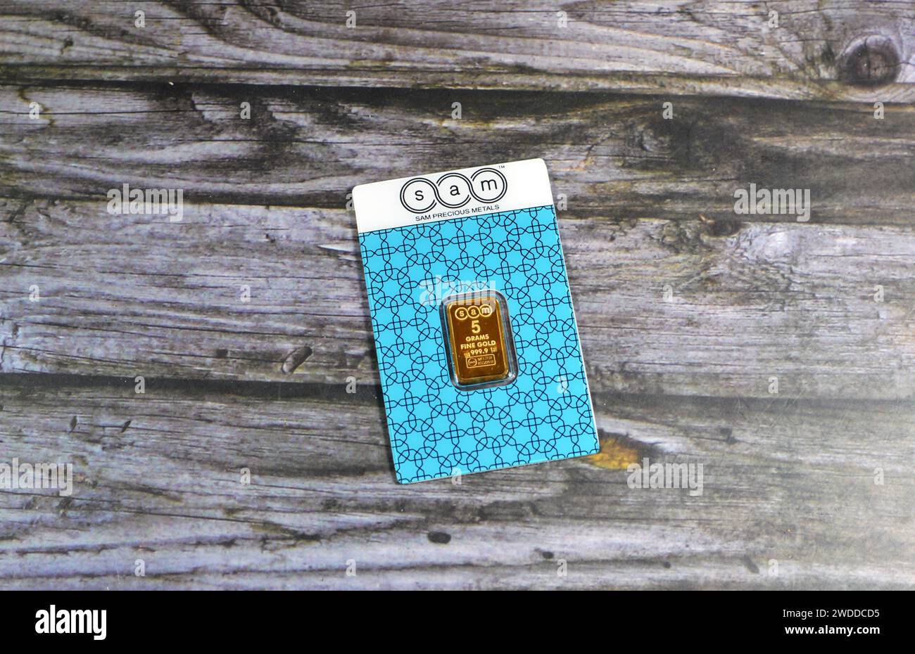 Cairo, Egypt, January 18 2024: SAM precious metal 24K karat pure yellow ...