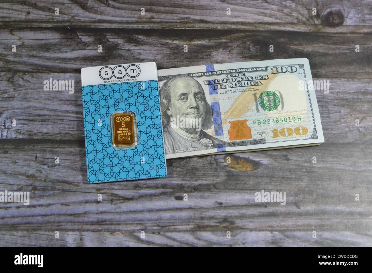 Cairo, Egypt, January 18 2024: USD American dollars and SAM precious ...