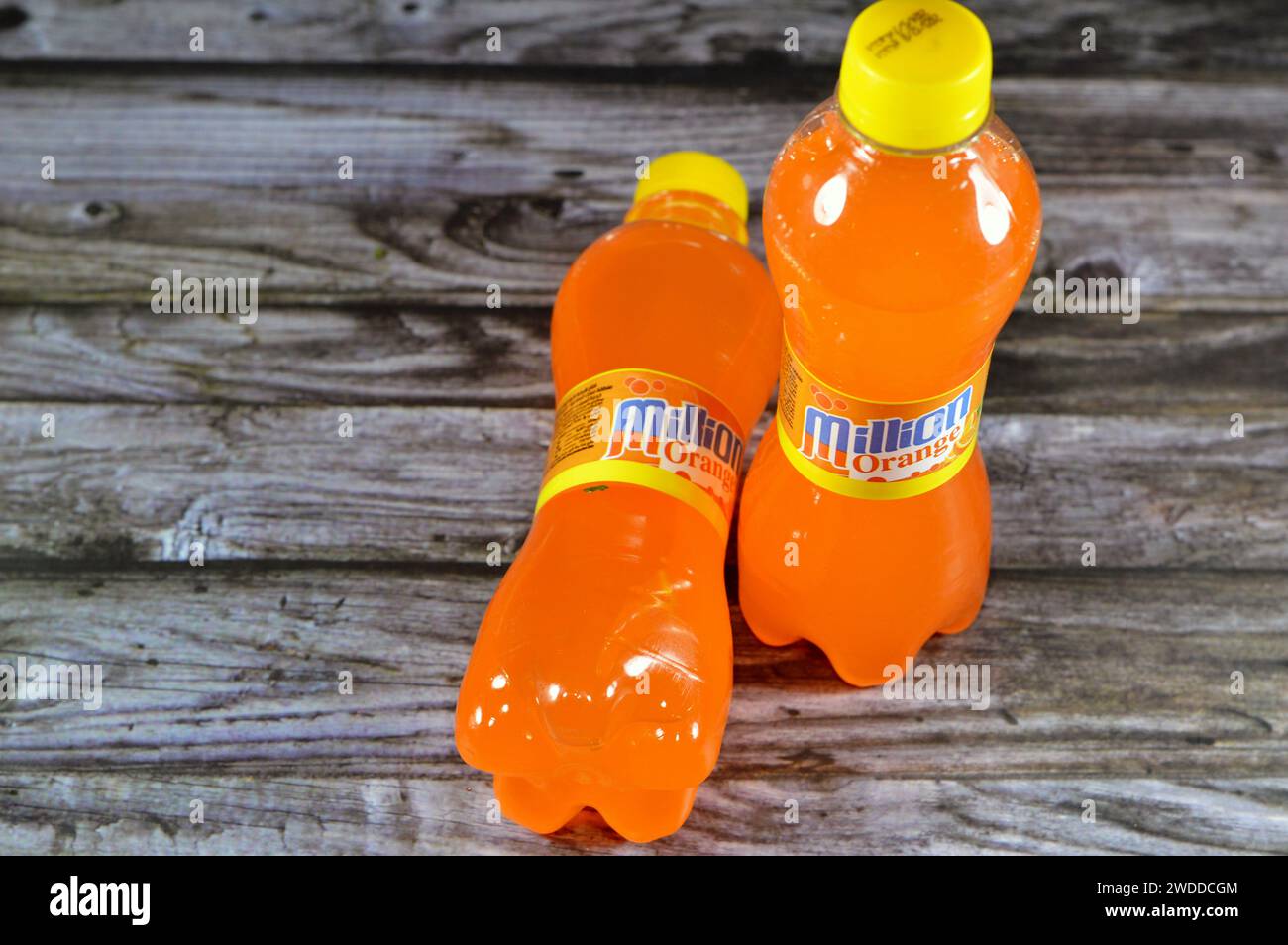 Cairo, Egypt, January 19 2024: Million Orange soft drink, orange pop soda, orangeade, carbonated ...