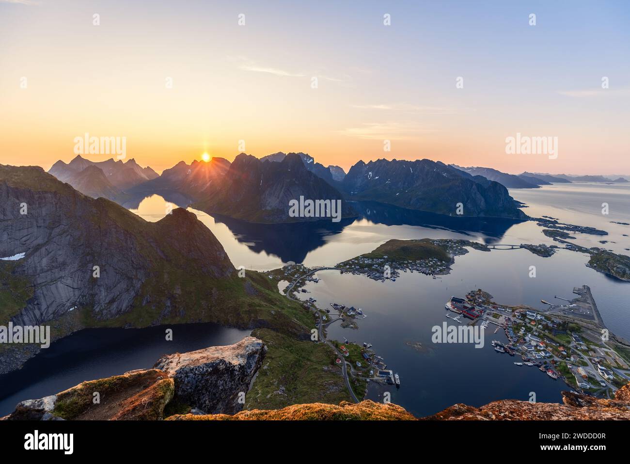 Breathtaking panorama from Reinebringen with the midnight sun dipping ...