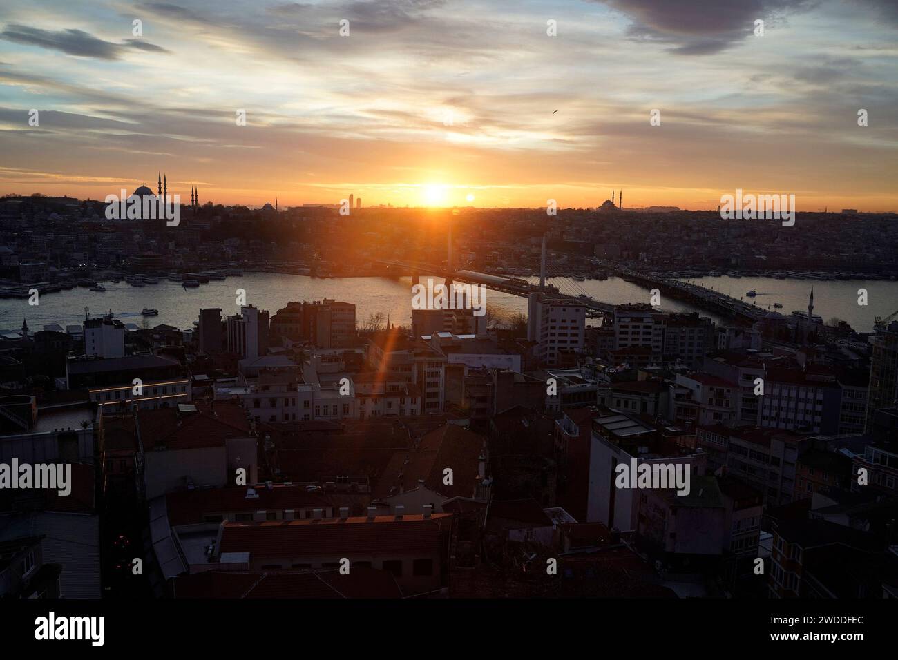 istanbul aerial cityscape panorama at sunset from galata tower bridge ...