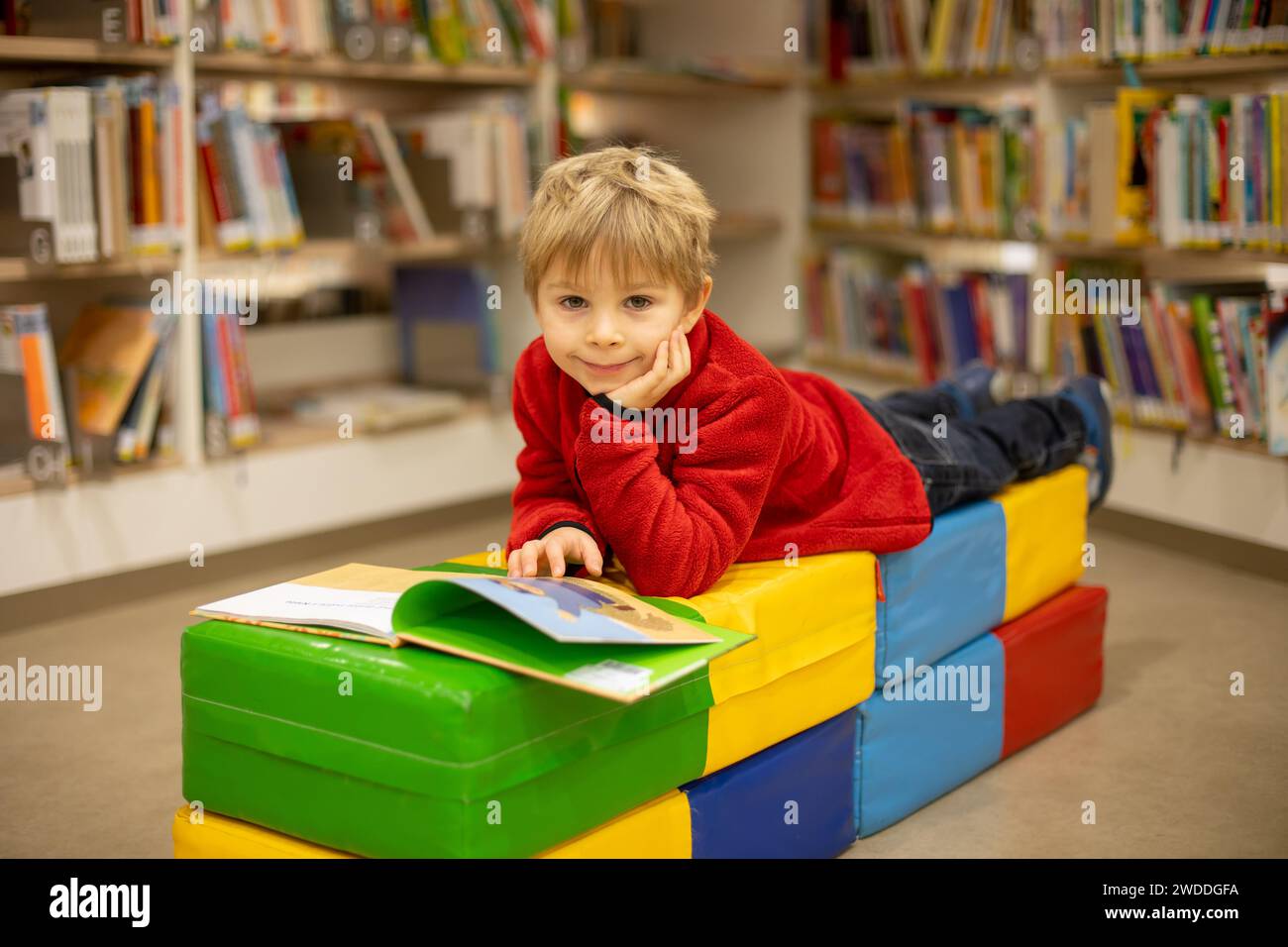 Adorable little child, boy, sitting in library, reading book and ...
