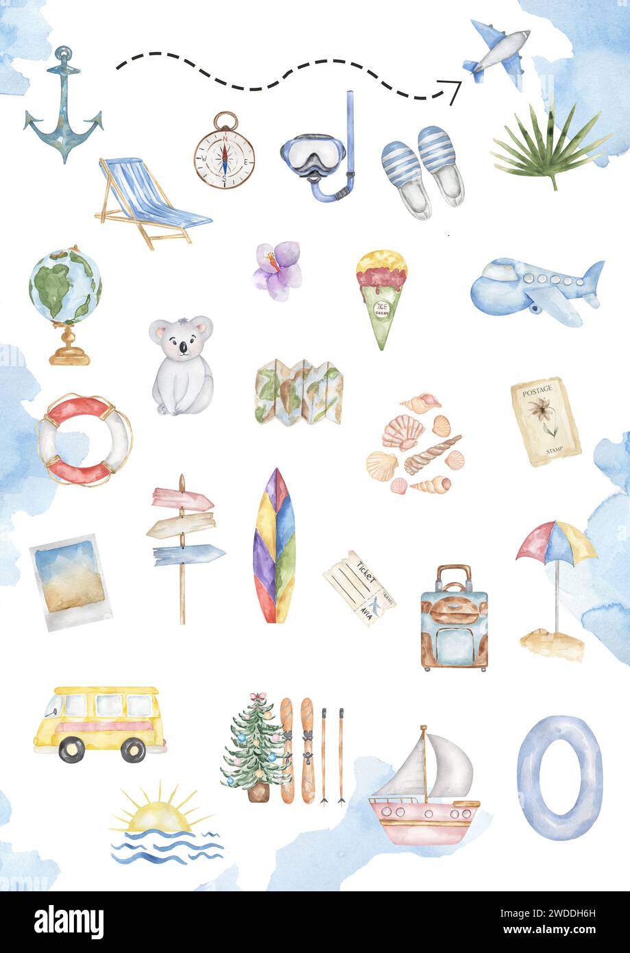 Watercolor Educational travel ABC poster with elements and objects ...