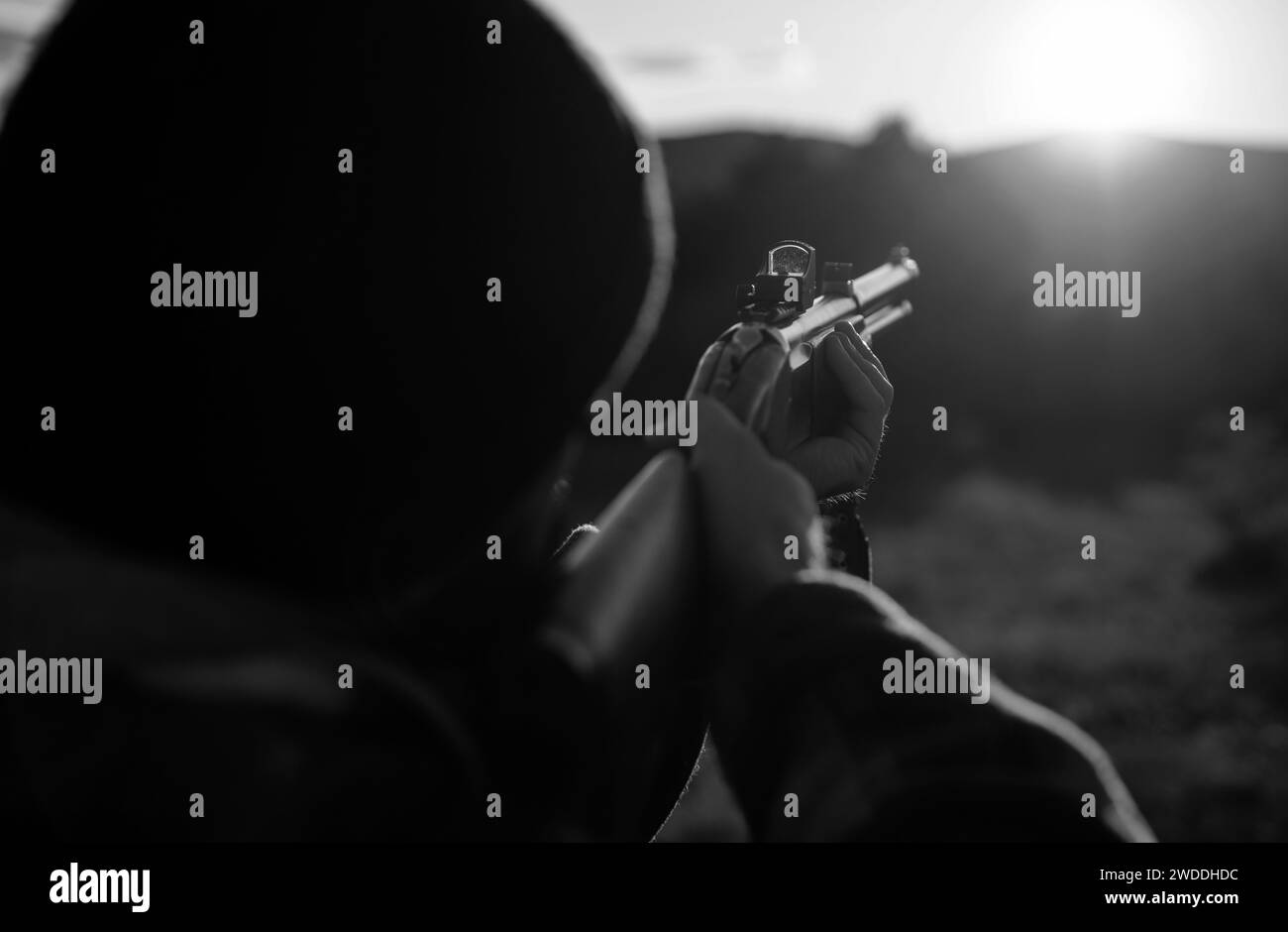 Hunter with shotgun gun on hunt. Hunter with Powerful Rifle with Scope ...