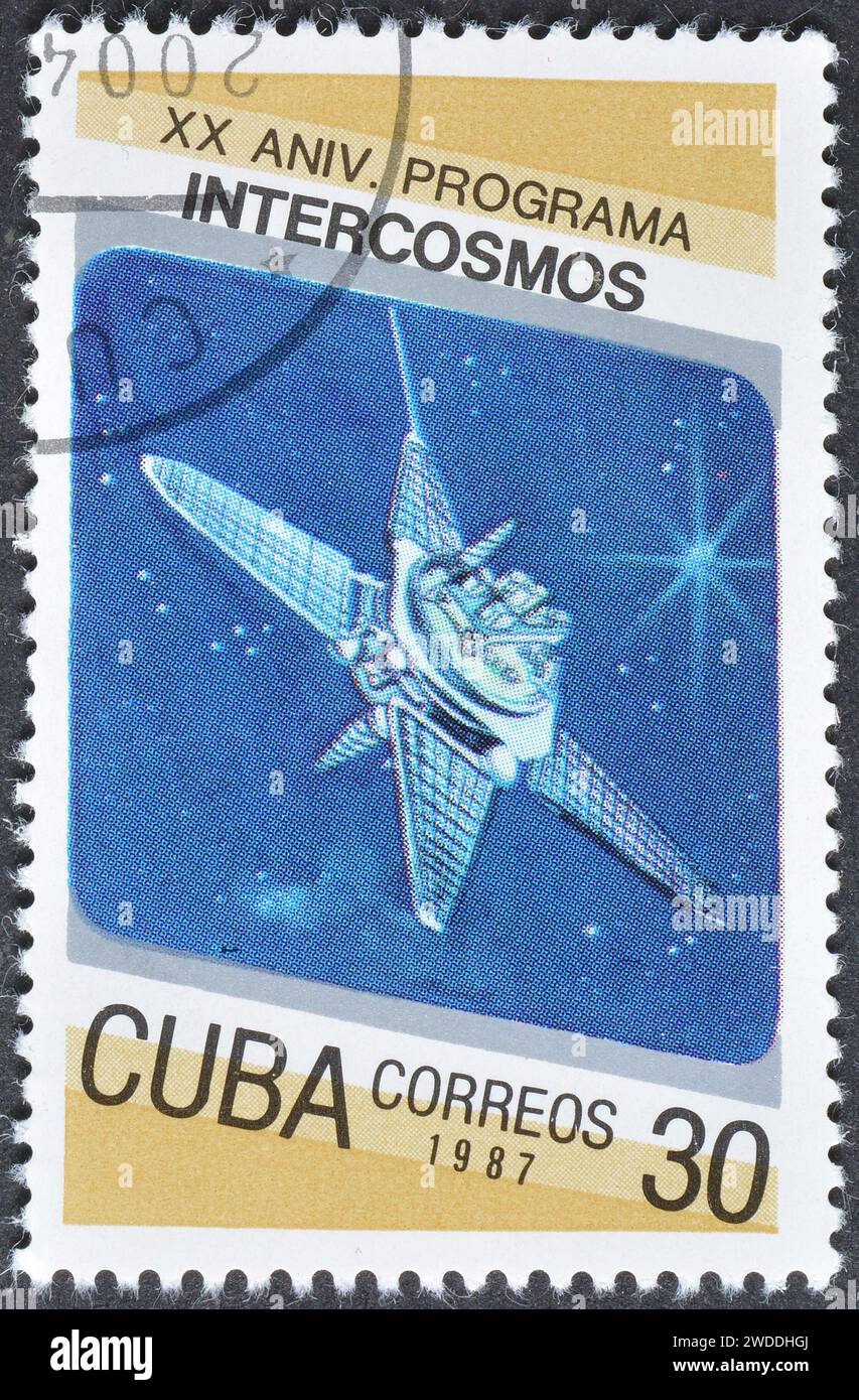 Cancelled postage stamp printed by Cuba, that shows Molniya ...