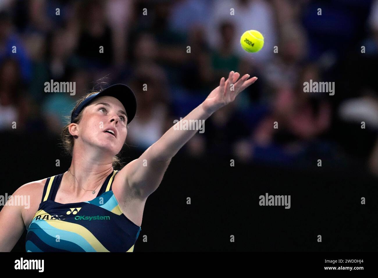 Linda Noskova of the Czech Republic serves to Iga Swiatek of Poland ...