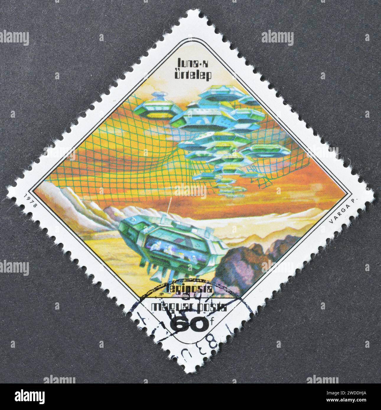 Cancelled postage stamp printed by Hungary, that shows Moon settlement ...