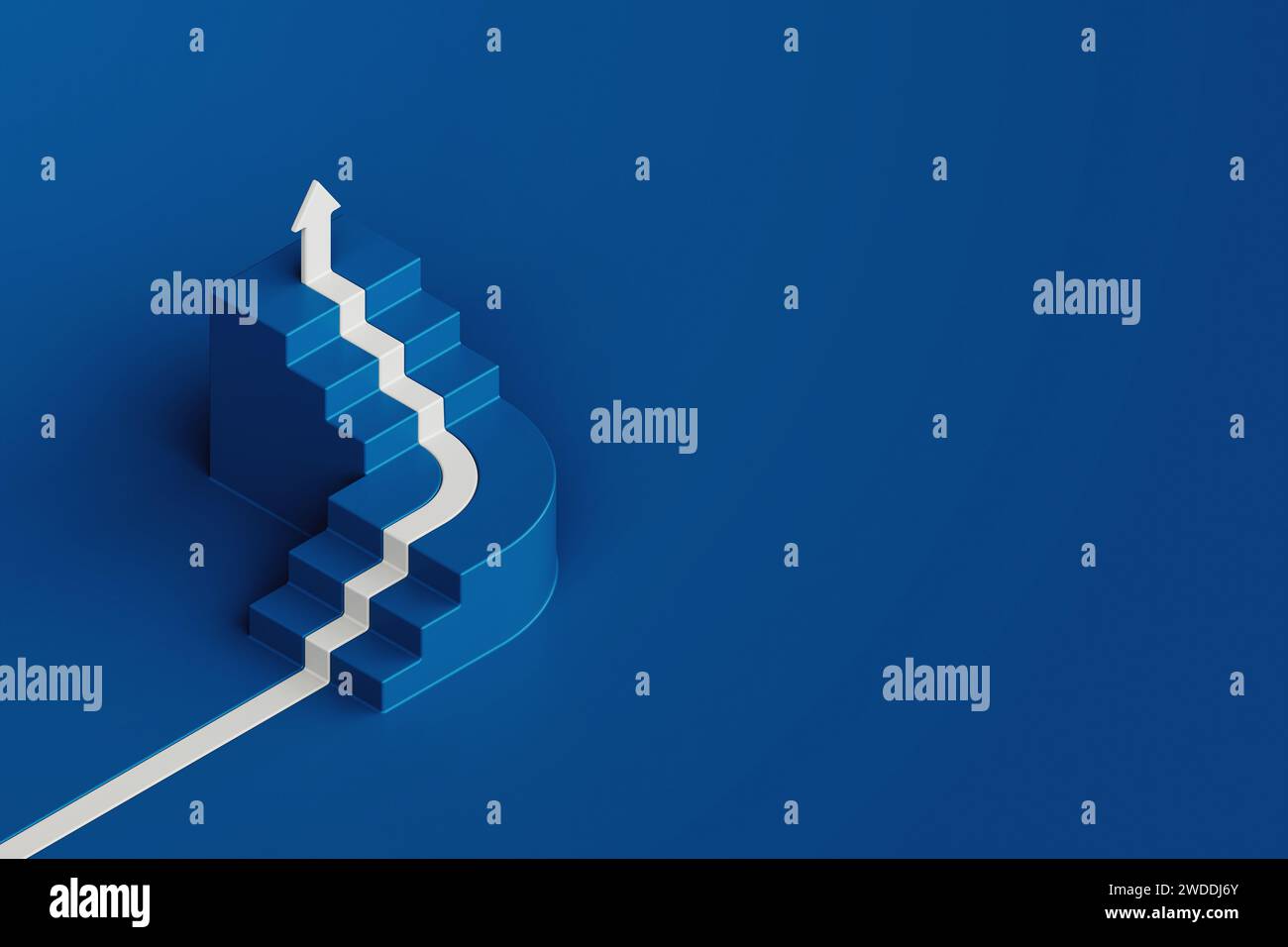 White arrow pointing up with step stair on blue background, business ...