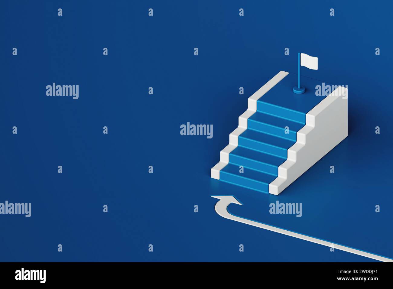 Blue step stair with white curved arrow on blue background, business ...