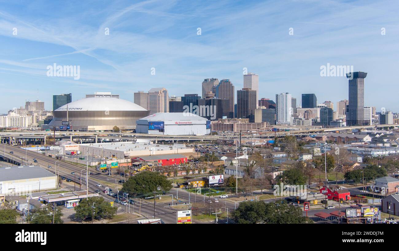 Aerial view of the Downtown New Orleans, Louisiana skyline on a sunny ...