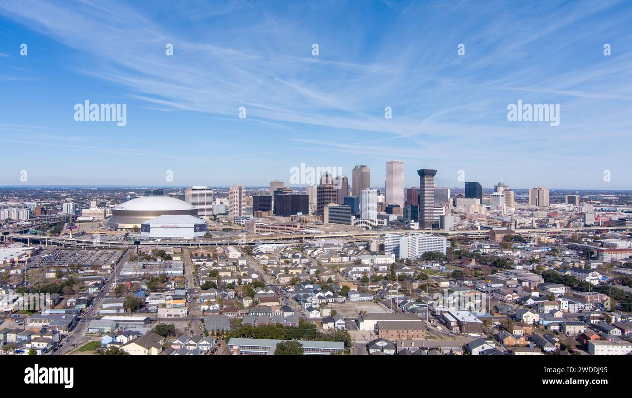 Aerial view of the Downtown New Orleans, Louisiana skyline on a sunny ...