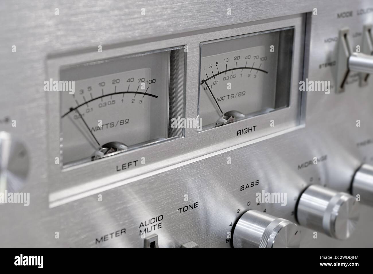 Old vintage stereo amplifier, aluminium front panel with knobs, buttons ...