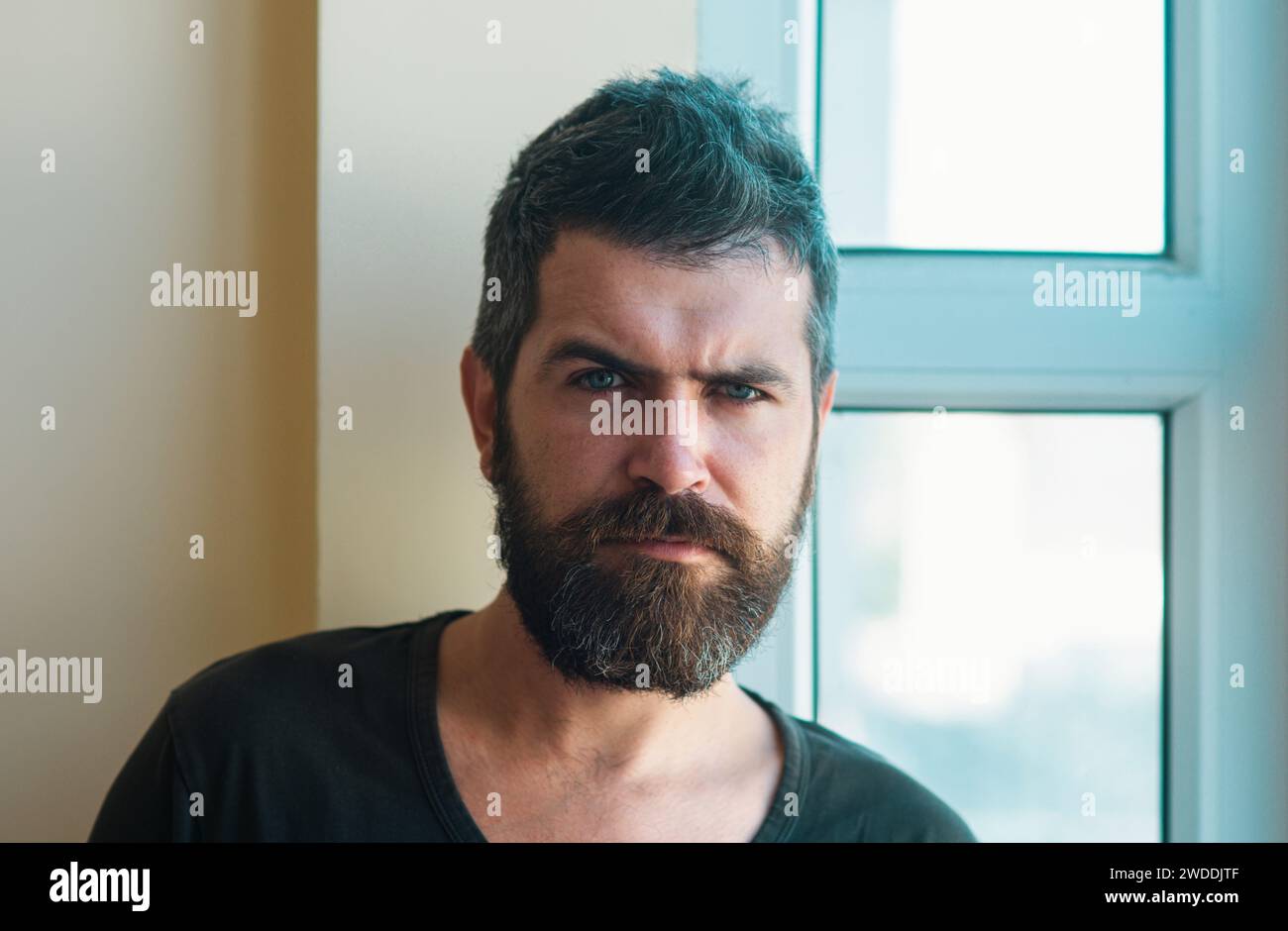 Brutal angry gang bearded man lifestyle, serious handsome guy Stock ...